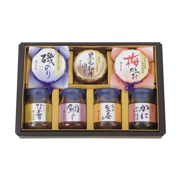 四季折々の海の幸、山の幸を風味豊かな佃煮にして、高級感あふれるデザインに仕上げました。■磯のり90g・黒毛和牛肉みそ90g・梅かつお90g・柚子風味なめ茸85g・鯛みそ100g・刻み生姜煮90g・かにのり佃煮90g×各1■箱サイズ:29×1...