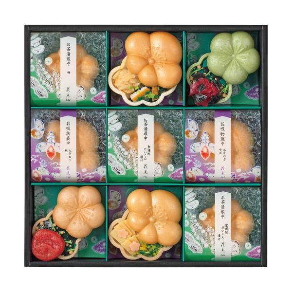 香ばしい最中種に滋味調整した具材を合わせたお茶漬と京野菜お吸物の詰合せ。お茶・お湯を入れるだけで簡単に上品な京風お茶漬・お吸物になります。■お茶漬(聖護院だいこん漬け・梅×各2、賀茂なすしば漬け×1)、お吸物(九条ねぎ(ゆば・鯛)×各2)■...