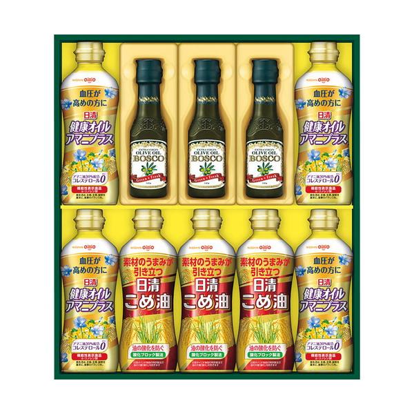 フルーティで豊潤な味わいが特徴のボスコエキストラバージンオリーブオイルとこめ油などヘルシーオイルの詰合せです。■ボスコエキストラバージンオリーブオイル140g×3、こめ油350g×3、日清健康オイルアマニプラス350g×4■箱サイズ:37....