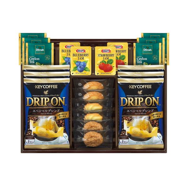 キーコーヒードリップオンと3種類のクッキーに紅茶と、ティータイムを楽しく過ごせるギフトです。■キーコーヒードリップオン8g×6・プチクッキー(リング・ペカン・カシュー)各2・ディルマ セイロンティー2g×6・ジャム(ストロベリー・ブルーベリ...