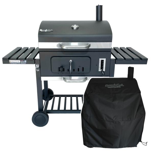 屋外専用　炭用グリル　専用カバー付きセット本体スチール製　黒塗装外部ハンドルを回す事で炭トレーが 上下し簡単に火力調整をする事ができます！炭火仕様なのでご利用までが本格派調理可能！上蓋を閉じることで蒸し焼きなどいろいろな調理が楽しめます。左...