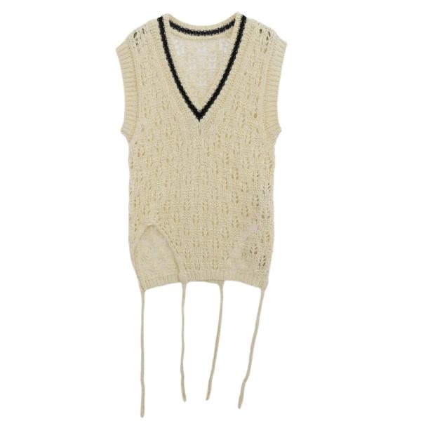 ■商品情報[商品名]beautiful people ビューティフルピープル 1545210001 double-end cotton wool linen lace top 2WAY Vネック ニット ベスト 【中古】[カラー]オフホワイ...