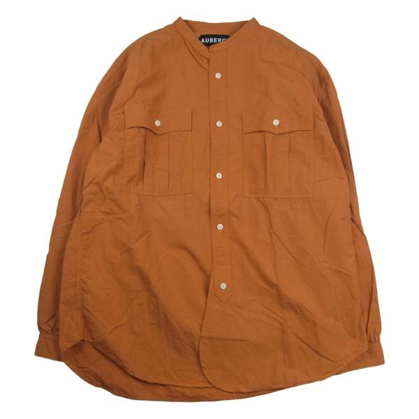 ■商品情報[商品名]オーベルジュ AUBERGE DURHAM バックギャザー コットン 長袖 ノーカラー シャツ オレンジ系 42【中古】[カラー]オレンジ系[サイズ]表記サイズ：42x 厚み約cm肩幅：約51cm着丈：約78cm身幅：約...