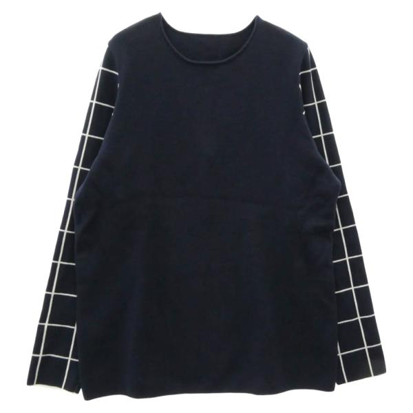 ■商品情報[商品名]uniform experiment ユニフォームエクスペリメント 15SS 袖 柄切替 クルーネック 長袖 ニット ネイビー系 2【中古】[カラー]ネイビー系[サイズ]x 厚み約cm表記サイズ：2肩幅：約35cm着丈：...