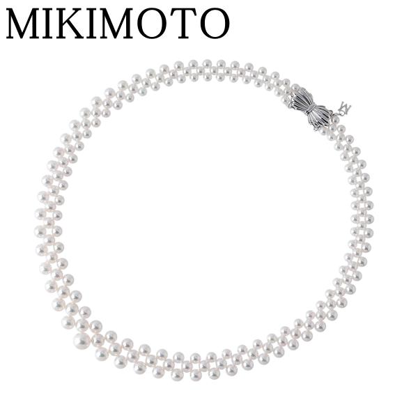 【ブランド名】ミキモト　MIKIMOTO【商品名】3連パールネックレス　レース　編み　Mチャーム付き【素材】K18　WG　ホワイトゴールド【長さ】約40cm【重量】28.4g【宝石】アコヤパール3.7mm〜7.3mm【付属品】箱(使用感あり...