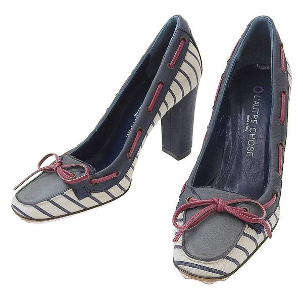 商品タイトル：ロートル ショーズ L'AUTRE CHOSE レザー リボン ハイヒール パンプス レディース ネイビー×ホワイト×レッド size35 [M03217]管理番号：BR12470状態ランク：C状態詳細：ぱっと見てわかる使用感...