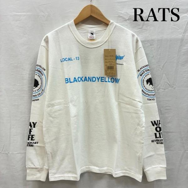 メーカー：ラッツ / RATS形状：Tシャツ / 長袖サイズ：表記サイズ：M肩幅：46 cm、袖丈：59 cm、着丈：64 cm、身幅：54 cmカラー：白 / ホワイト柄 / パターン：ロゴ、文字、プリント素材：画像参照商品状態：多少の使...