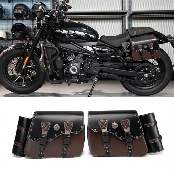 ブラック×ブラウンの配色がおしゃれなバイク用サイドバッグ。バッグの両サイドには工具などを分類して整理できる小さな円筒ポーチ付きです。高級感のあるレザー調の質感で、汚れにくく丈夫な作り。便利で実用的な2本のストラップが付いています。開け閉めが...