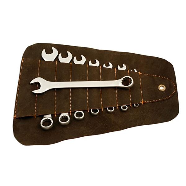 古いイギリスの車やオートバイで使用されているウイットワースサイズ伝統的なオイルドレザーロール六角リング付きのコンビネーションスパナセット。ブランドでエッチングされたサテン仕上げのクロムバナジウム鋼製。ウイットワースサイズ1/8 | 3/16...