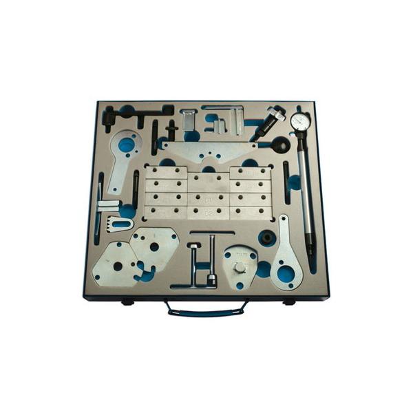 イタリア車用の包括的なエンジンタイミングツールセット。カムシャフトアライメント、テンション、クランクシャフトアライメント用の24個のツールが含まれています。金属製の収納ケースで提供されます。フィッティングのガイドラインとアプリケーション(説...