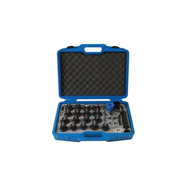 欧州車 汎用、冷却システムの圧力テストキット各サイズのネジ付きアダプター17個、ゲージ付き圧力試験ポンプ、圧力テストバヨネット型キャップ用アダプター2個、アダプターキャップレンチなど25個。ラジエータコアの温度測定用の温度計、膨張タンクなど...