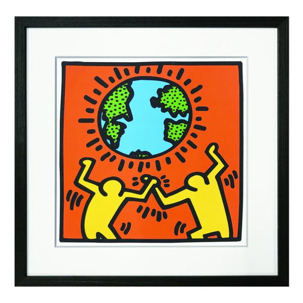 キース・ヘリング「Untitled, (world)」。アメリカ、ポップ・アートを牽引する代表的なアーティスト、キース・ヘリングのアートフレーム。1890年代、ニューヨークの地下鉄構内で使用されていない広告板に描いたサブウェイドローイングと...