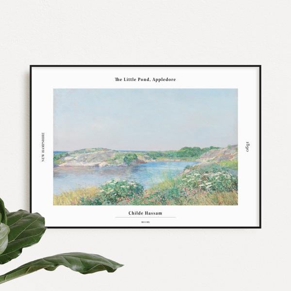 チャイルド・ハッサムの絵画「アップルドアの小さな池」のデザインポスターです。お部屋やオフィスを鮮やかに彩り、コーディネートのアクセントに。ぜひ名画の世界をお楽しみください。マット調の微塗工が施された用紙を使用しており、光沢を抑え、しっとりと...