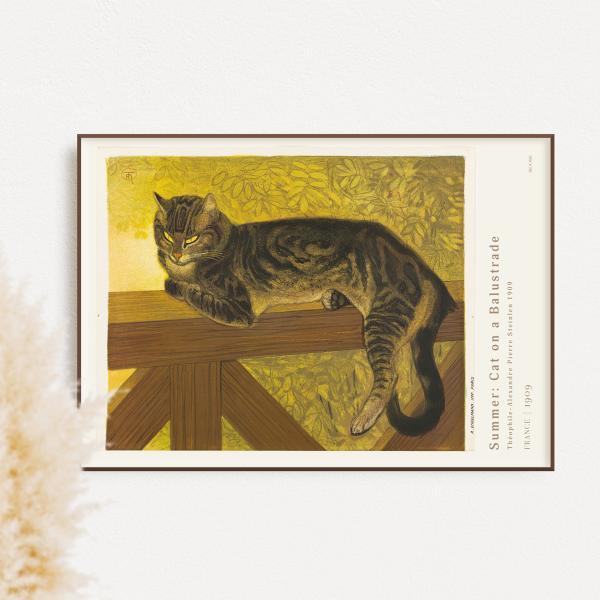 1909年に描かれたテオフィル＝アレクサンドル・スタンランの絵画「Summer: Cat on a Balustrade」のデザインポスターです。お部屋やオフィスを鮮やかに彩り、コーディネートのアクセントに。マット調の微塗工が施された用紙を...