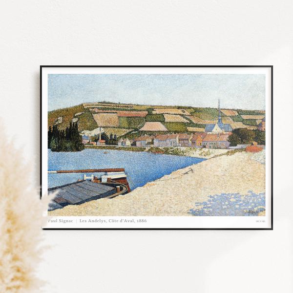 ポール・シニャックの絵画「Les Andelys, Cote d’Aval」をデザインしたアートポスターです。お部屋やオフィスを鮮やかに彩り、コーディネートのアクセントに。ぜひ名画の世界をお楽しみください。マット調の微塗工が施された用紙を使...