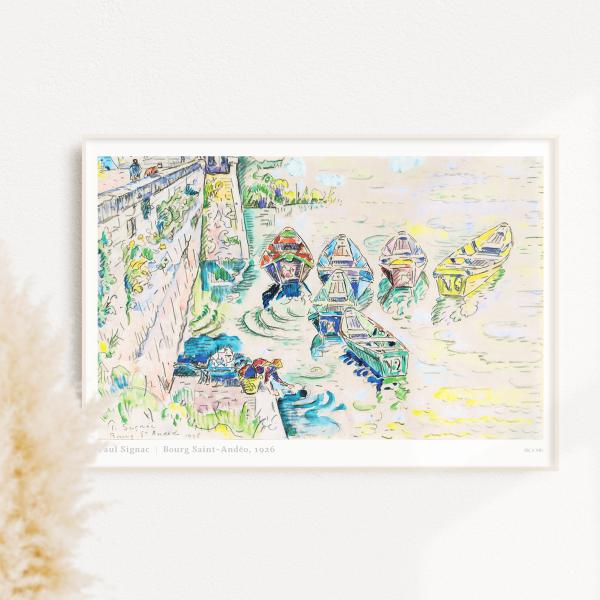 ポール・シニャックの絵画「Bourg Saint-Andeo」をデザインしたアートポスターです。お部屋やオフィスを鮮やかに彩り、コーディネートのアクセントに。ぜひ名画の世界をお楽しみください。マット調の微塗工が施された用紙を使用しており、光...