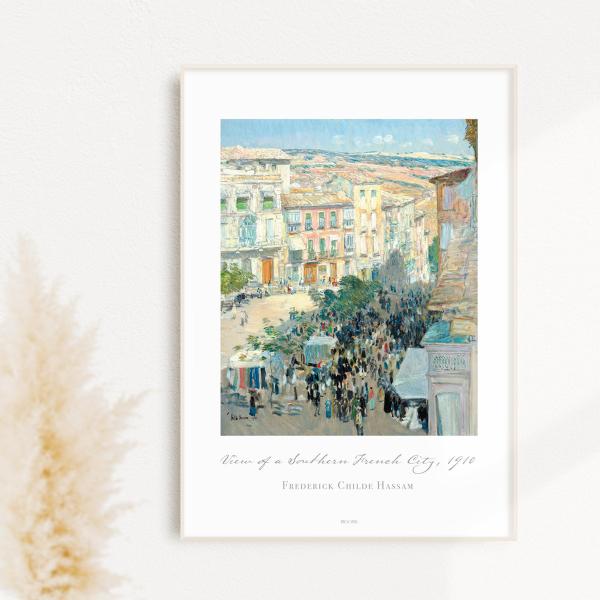 1910年に描かれた、フレデリック・チャイルド・ハッサムの絵画「View of a Southern French City」をデザインしたアートポスターです。お部屋やオフィスを鮮やかに彩り、コーディネートのアクセントに。マット調の微塗工が...