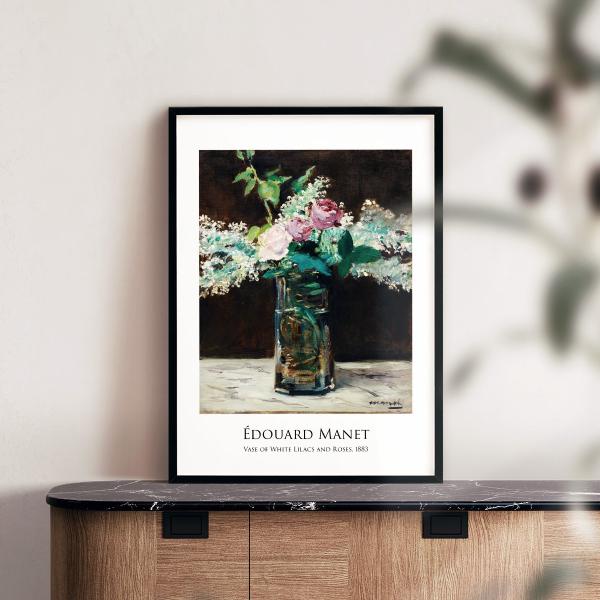 1883年に描かれた、エドゥアール・マネ「Vase of White Lilacs and Roses（花瓶のライラックと薔薇）」をデザインしたアートポスターです。お部屋やオフィスを鮮やかに彩り、コーディネートのアクセントに。ぜひ名画の世界...