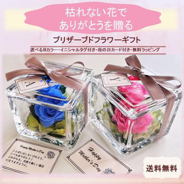 【商品詳細】サイズ：約7.5cm × 7.5cm × 7.5cm素材：ガラス花材：プリザーブドフラワー（バラ）、 アーティフィシャルフラワー（アジサイ・葉）、装飾素材（フェイクパール）【セット内容】・ガラスキューブフラワー・イニシャルタグ（...