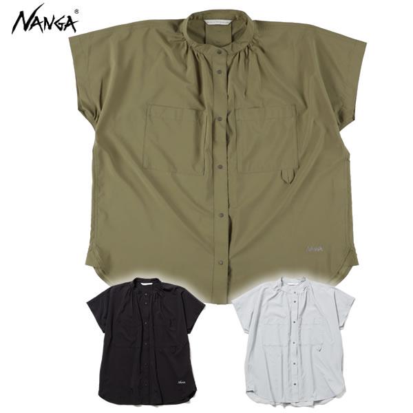 NANGA シャツ N2501-1J410B EXCURSION S/S BLOUSE W定価：　￥12,000(税抜き)・ネック周りのギャザーがデザインポイントの半袖ブラウス・ふわりとしたシルエットは、汗をかいた時の嫌な張り付き感もなく爽...