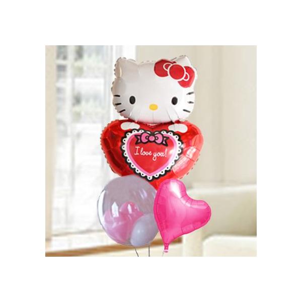 キティちゃんと真っ赤なハートの大きなバルーンです（５３ｃｍ×７４ｃｍ）。ハートバルーンには「Ｉ　ＬＯＶＥ　ＹＯＵ」とメッセージが入っていますよ。透明なバルーンにコロコロ可愛いハートバルーンが入ったＴバルーン（４０ｃｍ）、ピンクのキュートなハ...