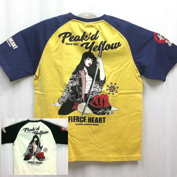 和柄・ロック・バイカー・ホットロッド・そしてお姉ちゃんとおいしいところをミックスした「Peak'd Yellow（ピークドイエロー）」の半袖Ｔシャツ　PYT-245　姉御剣士です。★素材：コットン（綿）100％　天竺生地★サイズ：40（M）...