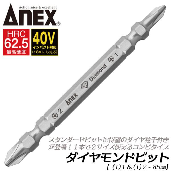 【ビットサイズ】(+)2 x (+)1 x 85mm【特長】ダイヤモンド粒子付材質：【ビット】クローム・モリブデン・バナジウム鋼【ビットタイプ】スタンダード【生産国】日本■マグネット無しでもしっかりネジに食らいつくダイヤモンド粒子付ドライバ...