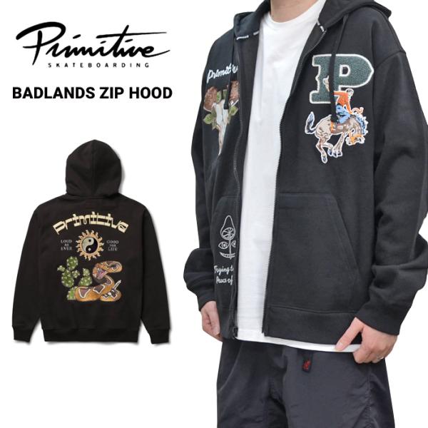 PRIMITIVE (プリミティブ) ジップパーカー BADLANDS ZIP HOOD スウェット フリース日本正規代理店商品サイズ（平置cm）Mサイズ　着丈69cm 身幅58cm 袖丈(肩上から)62cm 肩幅57cmLサイズ　着丈71...