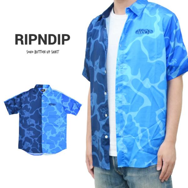 RIPNDIP (リップンディップ) シャツ SOHO BUTTON UP SHIRT 半袖シャツ カジュアルシャツ S-XL ブルーアメリカ直営店買付の本物/正規品サイズ（平置cm）Sサイズ　着丈75cm 身幅52cm 袖丈(肩上から)2...