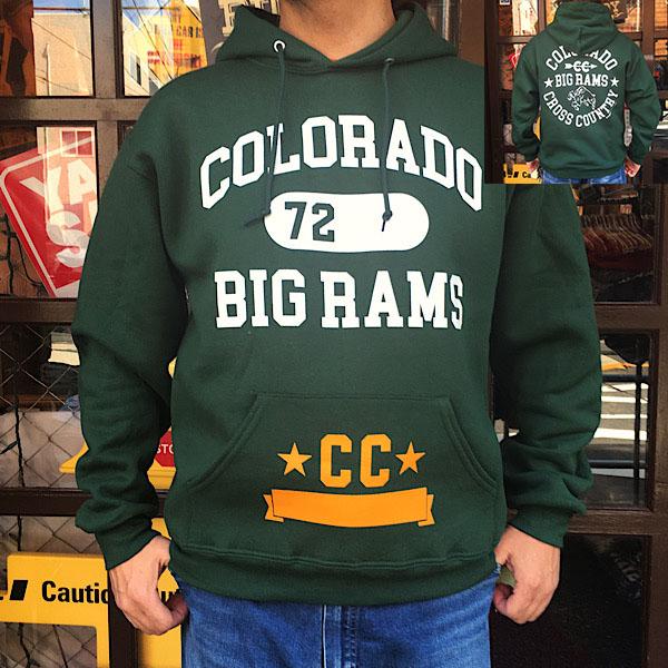 BUDDYオリジナルデザインのプルオーバーパーカー COLORADO BIG RAMSアメリカ規格のしっかりとした12ozの裏起毛のボディを使用し、プリントはラバーインクでプリントしています。カラー:フォレストグリーンSサイズ（胸囲）102...