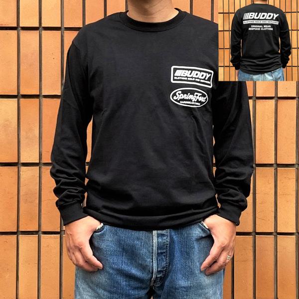 BUDDY オリジナルデザインのロングスリーブＴシャツ。BUDDY CLOTHING SOLD AND SERVICED BLACKコットン100％。同じサイズでも寸法に若干の差があります。お使いのPCの画面で見える色と実際の色のイメージが...