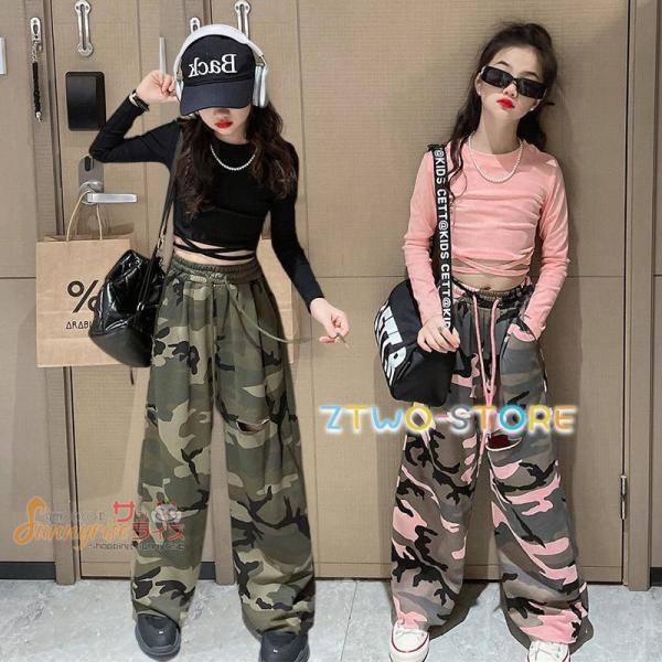爆買子供服 ダンス衣装 キッズ 迷彩パンツ ピンク グリーン 長袖Tシャツ 女の子 ヒップホップ ジャズ ダンスウェア 普通着 練習服 原宿 団体服 ストリート カジュアル 120-170cm おしゃれ カッコイイ ステージ衣装　素材：ポリ...