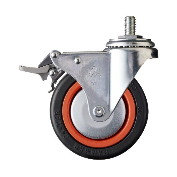 《仕様》●車輪：ゴム車(ラジアルボールベアリング)●取付タイプ：ネジ込み●トータルロック付き●材質・表面処理：スチール(三価クロム化成処理)●車輪サイズ：100mm●許容荷重：70daN●取付高：129mm●軸長：20mm●ねじ径：M12×...