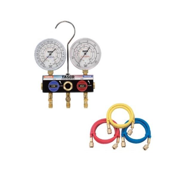 《仕様》●マニホールド本体●ゲージ取付ネジ：1/8NPT●ホース接続ポート：1/4フレア(TA124ZA-1)●ボールバルブ式●チャージホース●150cm(赤・青・黄)(TA135FN)●接続口径：1/4フレア●常用圧力：5.5MPa●圧力...