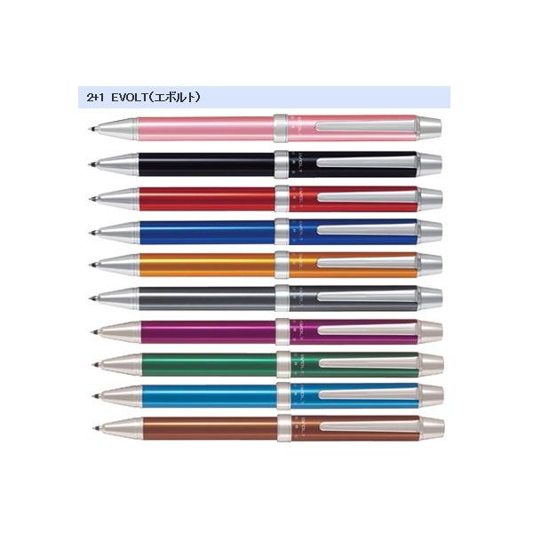 製品名　2＋1 EVOLT　エボルト品番　BTHE-1SR-P/B/R/L/O/GY/V/G/LB/BN種類　多機能筆記具ペン先　細字　0.7mmボール/0.5mmシャープ方式　回転式インキ色　黒/赤/シャープ替芯　BRFS-10F-B/R