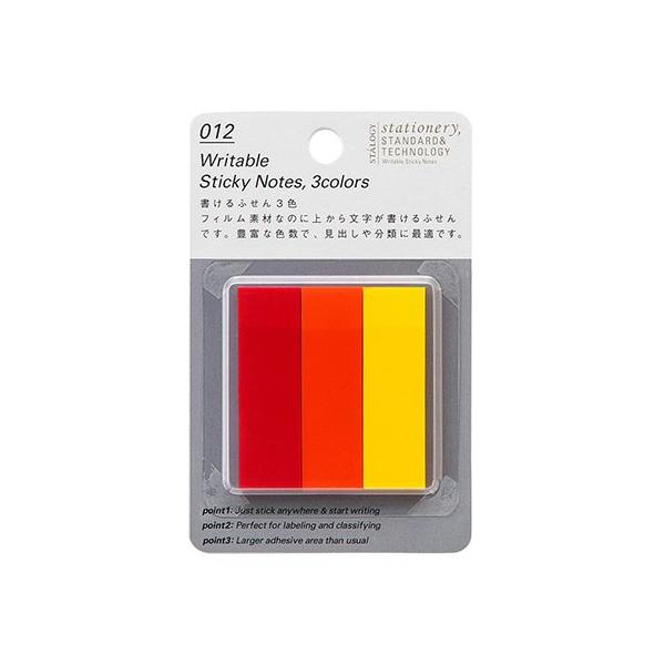 文字が書けるフィルム素材のふせんです。鮮やかな12色を、3色ずつセットにしました。豊富な色数で見出しや分類に最適です。