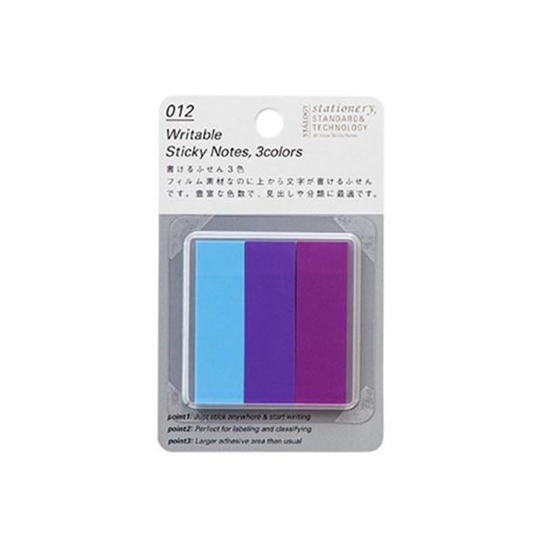 文字が書けるフィルム素材のふせんです。鮮やかな12色を、3色ずつセットにしました。豊富な色数で見出しや分類に最適です。