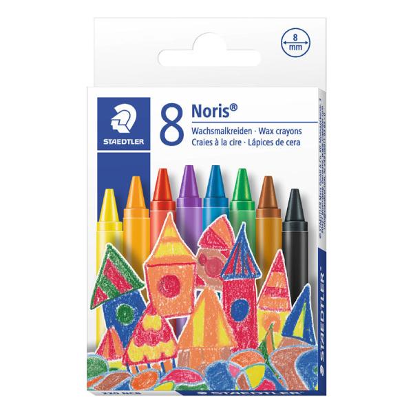 耐水性のワックスクレヨン。折れにくく、紙が巻いてあるので手が汚れません。●軸径：8mm●ケースサイズ：110×70×10mm ●重量：44g●レモン/レッド/ブルー/オレンジ/グリーン/バイオレット/バンダイクブラウン/ブラック