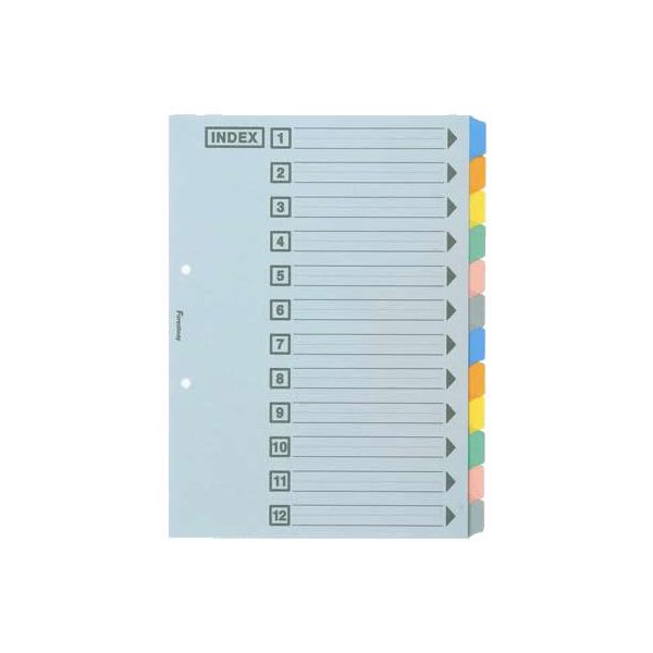 【仕様】●サイズ：Ａ４タテ●外寸法：縦２９７×横２１０（＋見出し１２）ｍｍ●仕様：６色１２山＋扉紙（１３枚１組）●穴数：２穴●穴間隔：８０ｍｍピッチ●材質：色上質紙●注文単位：１パック（５組）