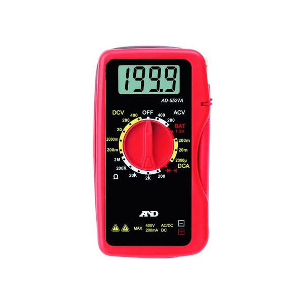 【仕様】●型番：AD5527A　●直流電圧（V）：400　●交流電圧（V）：400　●抵抗（Ω）：2M　●直流電流（mA）：200　●幅×奥行×高さ：60×20×113mm　●電源：ボタン電池（LR44）×2個（付属）　●検波方式：平均値整...