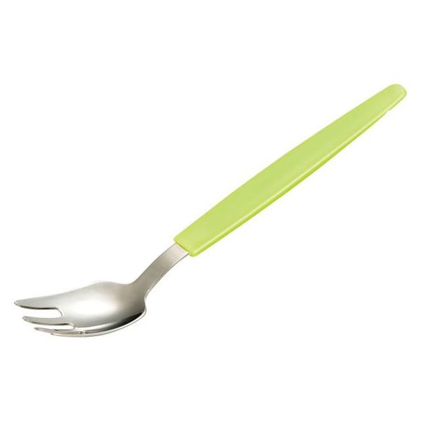 【商品説明】大きく深いフォークで自分で食べる方もこぼれにくい。すくいやすいハンドル角度。滑りにくいグリップ。フォークなのにすくうこともできます。【仕様】●サイズ：金属部／６．２ｃｍ、ハンドル部／１０．２ｃｍ●重さ：１９ｇ●材質：金属部／１８...