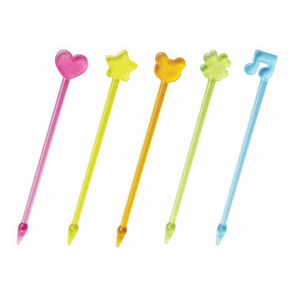 【商品説明】●ピンク・オレンジ・イエロー・グリーン・ブルーのカラフルなピックです。●５色・５種類各２本入りです。【仕様】●商品サイズ：幅約１０５×奥行７５×高さ１３ｍｍ●内容量：５０本●材質：ＡＢＳ樹脂●耐熱温度：７０度、耐冷温度：−２０度...