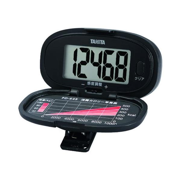 【商品説明】●文字が大きくて見やすく、設定いらずで腰装着タイプの歩数計です。●消費カロリー早見表が付いています。【仕様】●型番：PD-645-BK　●色：ブラック　●縦（mm）：37　●横（mm）：65　●厚さ（mm）：28　●ABS　●お...