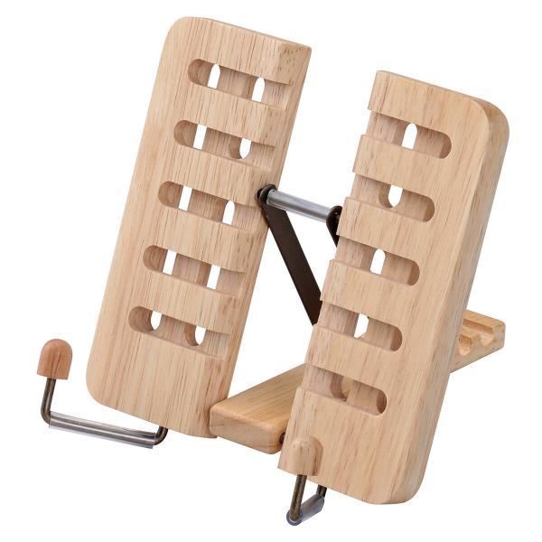 ●サイズ(使用時)：125×120×160mm●サイズ(折り畳み)：150×133×12mm●重量：125g●材質：ラバーウッド、スチール●角度調節：5段階●対応サイズ：幅80mm以上、厚さ約25mm以内