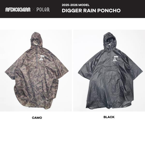 【ブランド】AFDICEGEAR × POLeR【アイテム】DIGGER RAIN PONCHO【カラー】BLACK, CAMO【FABRIC】ポリエステル, フルシームテープ【その他】パッカブル仕様【サイジング】FREE