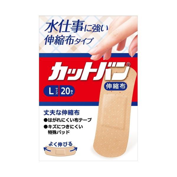 合成ゴム系粘着剤を塗布した伸縮布粘着テープとベンザルコニウム塩化物薬液で消毒したポリオレフィンネット付き不織布パッドからなる救急絆創膏です。