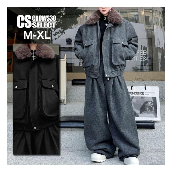 【発売日：2025年12月05日】[CROWS 30 SELECT]ファー襟ウール調ワイドセットアップブラック/グレーウール調の暖かみのある素材を使用した、ブルゾンとワイドシルエットパンツの上下セットアップ。襟元のボリューミーなファーと、流...