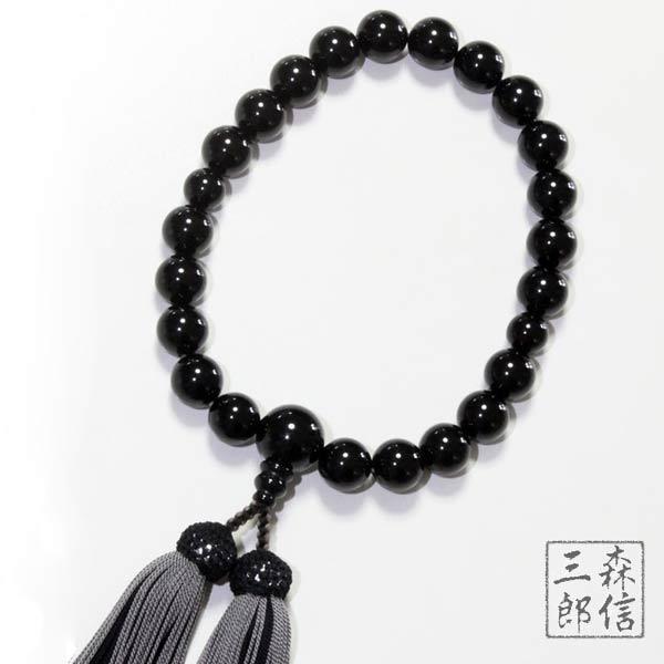 【送料無料】男性用 黒オニキス 12mm 22玉 片手 共仕立 正絹房(房色・黒/ネズ茶)数珠玉は男性に人気の天然石【黒オニキス】です。房は「頭付き 正絹シルク製」ですのでレーヨン房の様な癖が付かず柔らかく高級感があります。●京念珠ブランド...