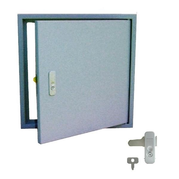 ・枠込み25mmタイプです。・ワンタッチ平面ハンドル付(鍵付)です。[サイズ]H450×W450mm[外寸法]H2:520×W2:520mm[本体重量]4.8kg[材質]溶融亜鉛メッキ鋼板[仕上]サッシプライマー[吊元]右