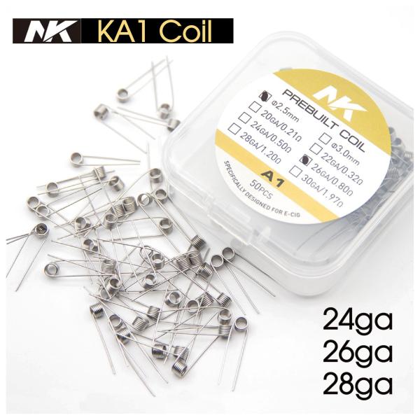 【商品名】NK Ka1 Prebuilt Coil【内容量】50個【コイルタイプ】■24ga　内径3mm /6巻 0.5Ω■26ga　内径3mm/7巻 0.8Ω■28ga　内径2.5mm/7巻 1.2Ω【コメント】■高純度で高度な表面処理技...